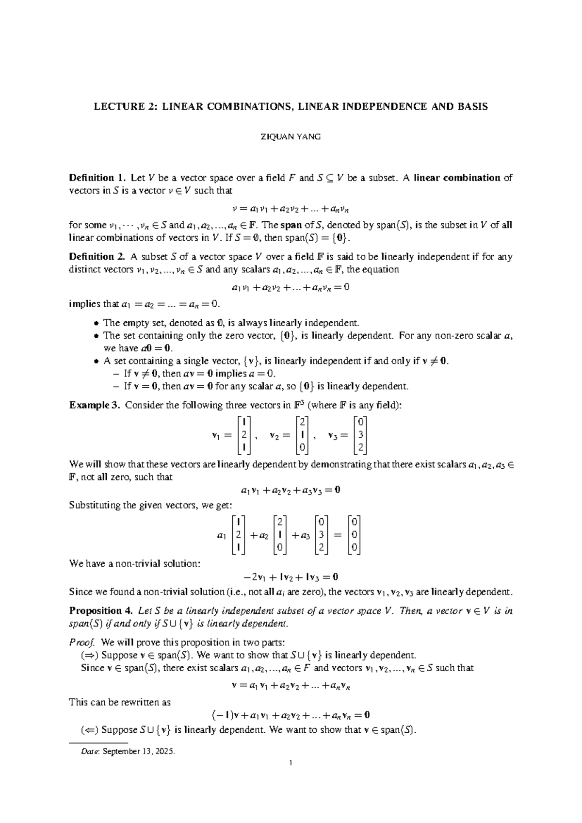 LECTURE 02: LINEAR COMBINATIONS, INDEPENDENCE & BASIS - Studocu