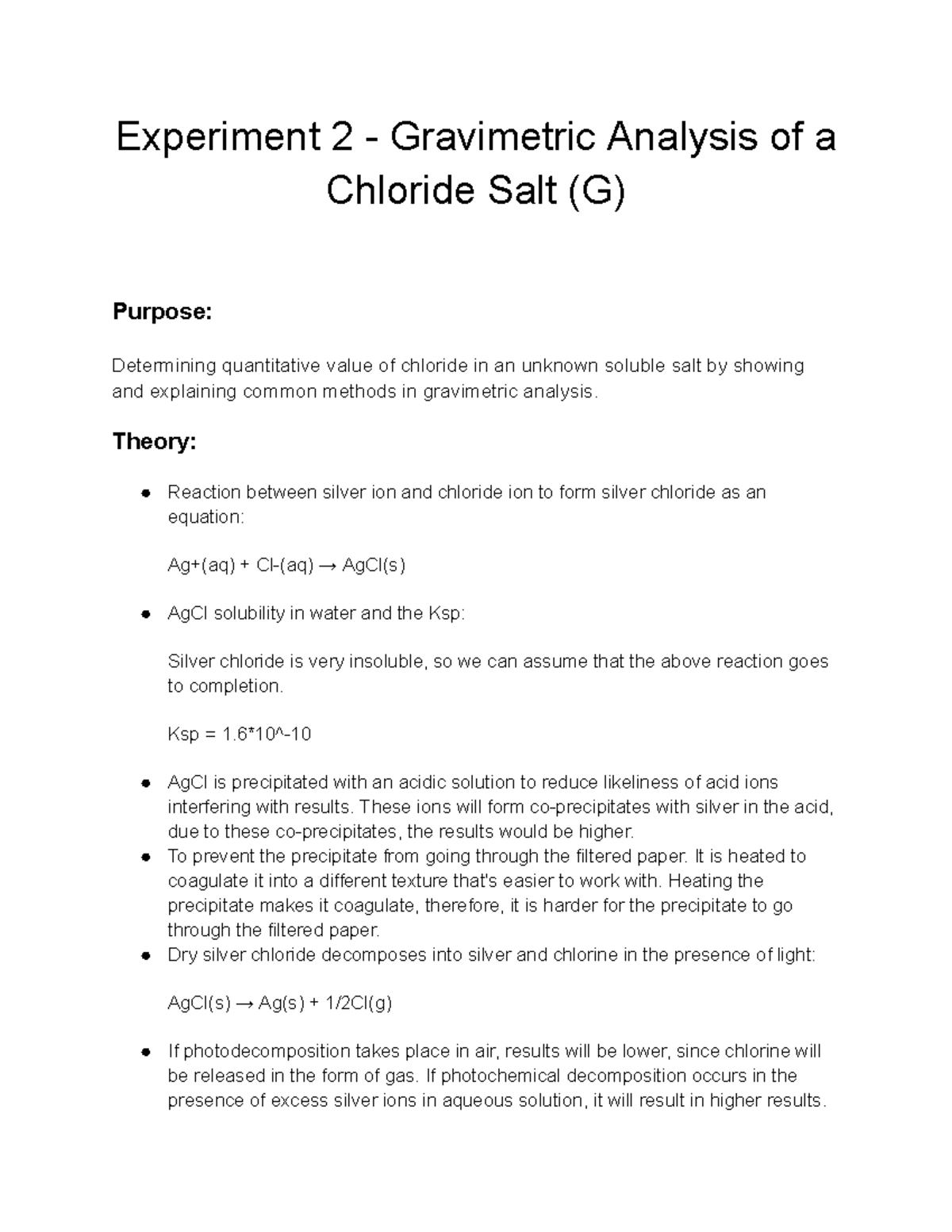 CHEM 1101: Gravimetric Analysis of Chloride in Unknown Salt Lab Report ...