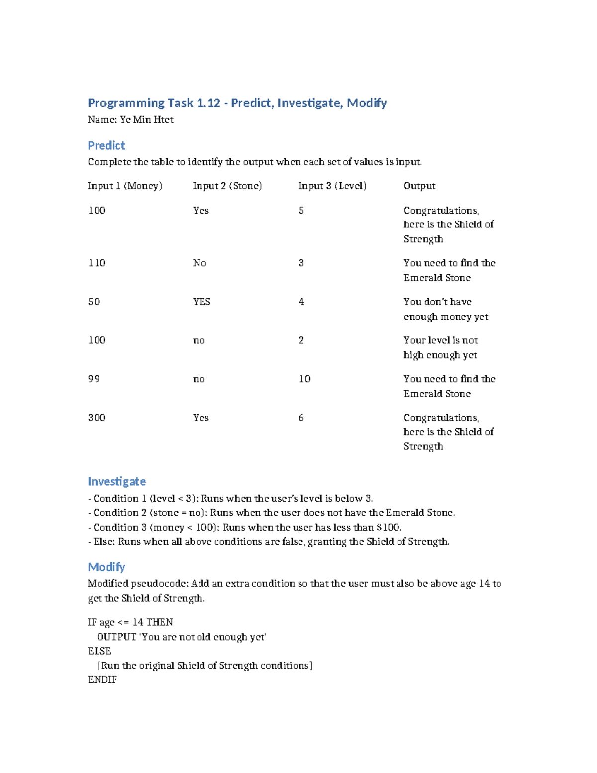 Programming Task 1.12: Predict & Modify Output Logic - Studocu