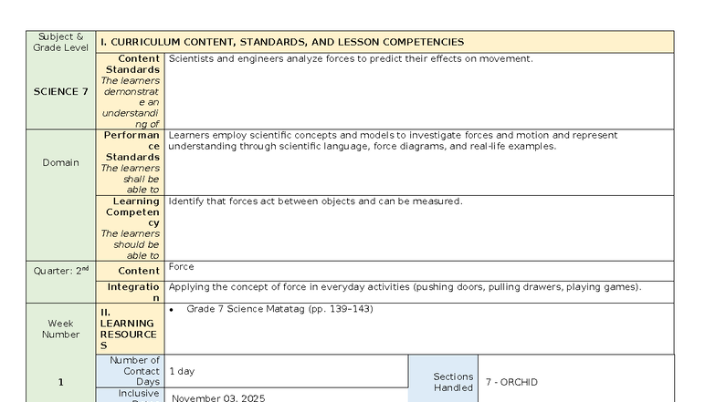 UNIT 3 W1 - Grade 7 Science Lesson Plan on Forces and Motion - Studocu