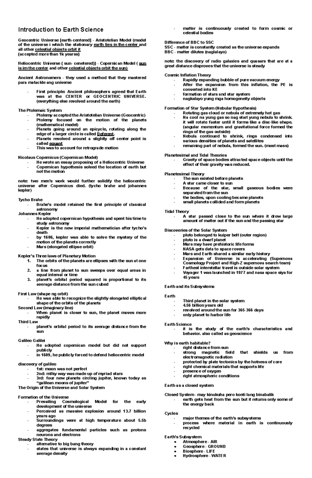 Earth Science Review for Entrance Exam: Key Concepts and Theories - Studocu