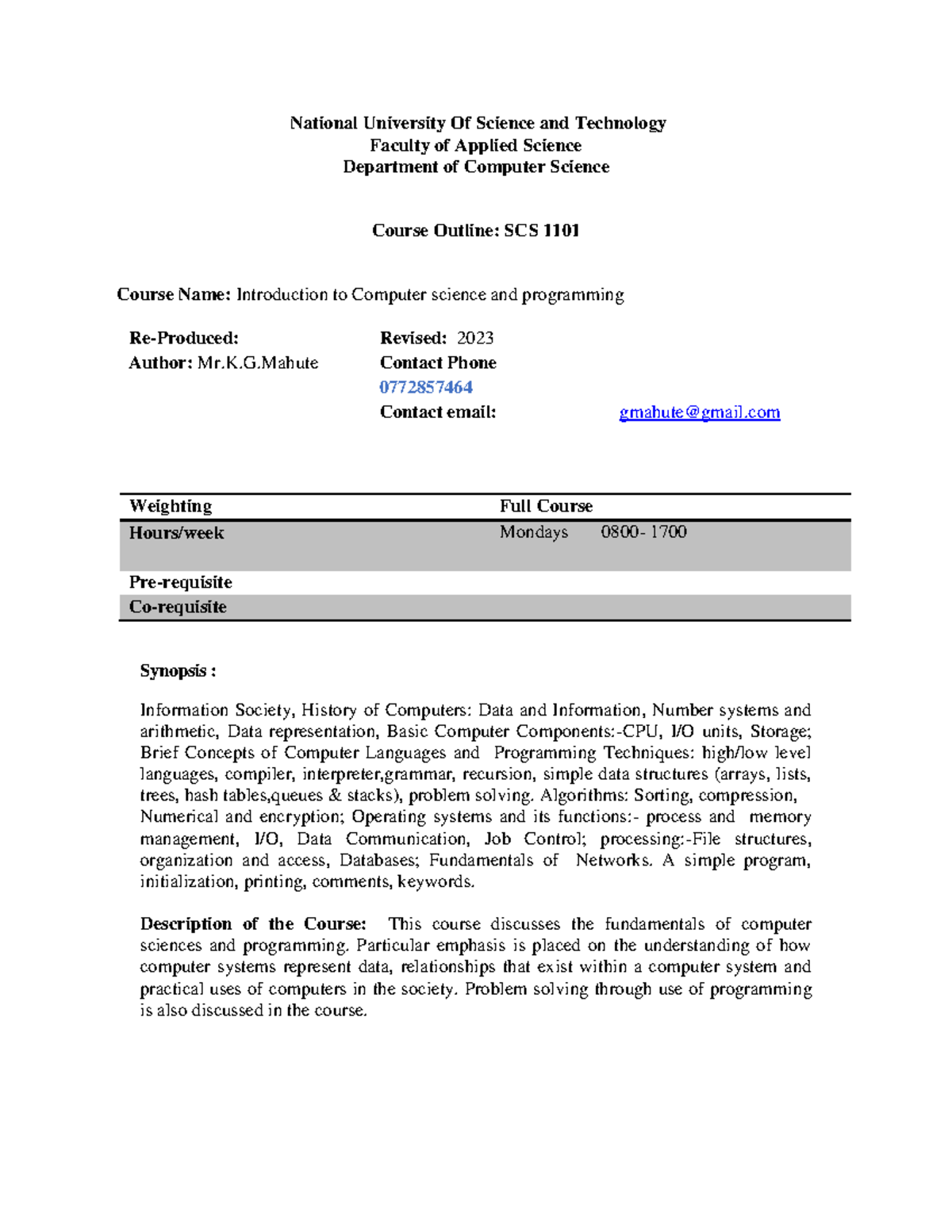 SCS 1101 Course Outline: Intro to Computer Science & Programming - Studocu