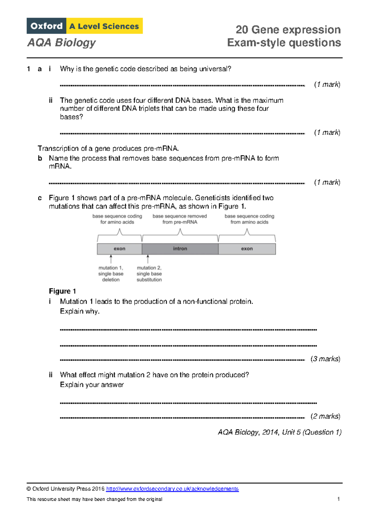 AQA Biology Unit Exam Questions on Gene Expression and Mutations - Studocu