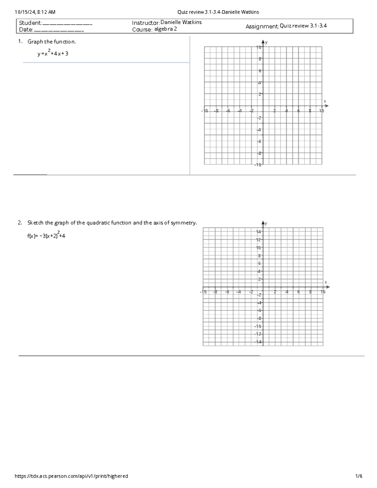 Algebra 2 Quiz Review: Graphing Functions & Factoring - Studocu