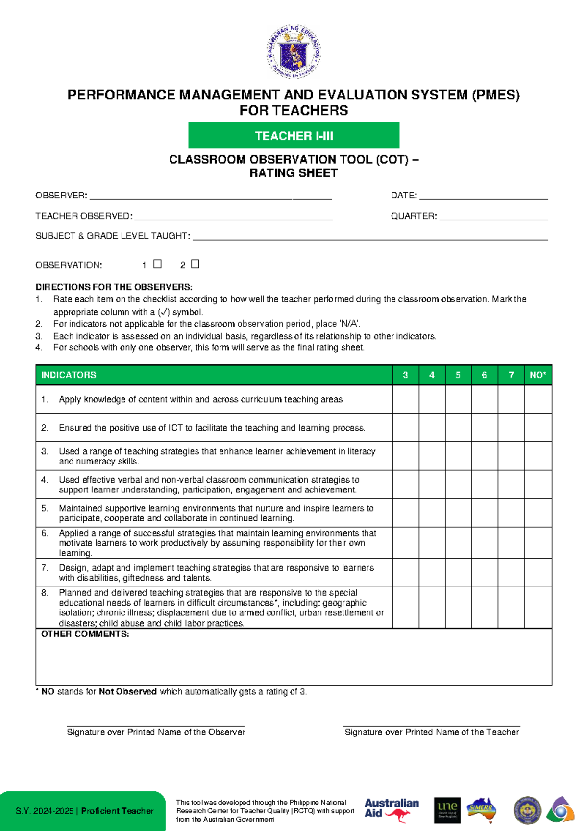 COT Rating Sheet for Proficient Teacher (SY 2024-2025) - Studocu