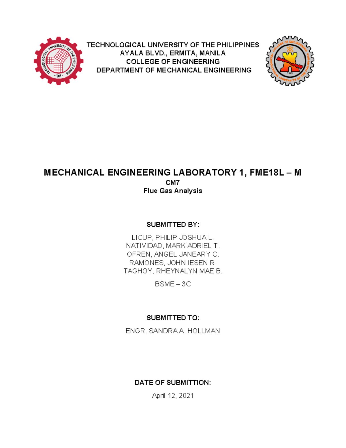 Flue Gas Analysis for CM7 ME LAB1 BSME 3C: Understanding Combustion ...
