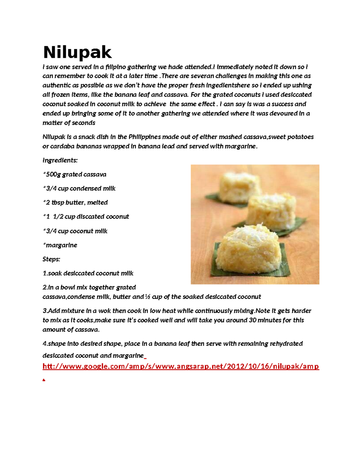TLE Cooking Report: Authentic Nilupak and Filipino Desserts - Studocu