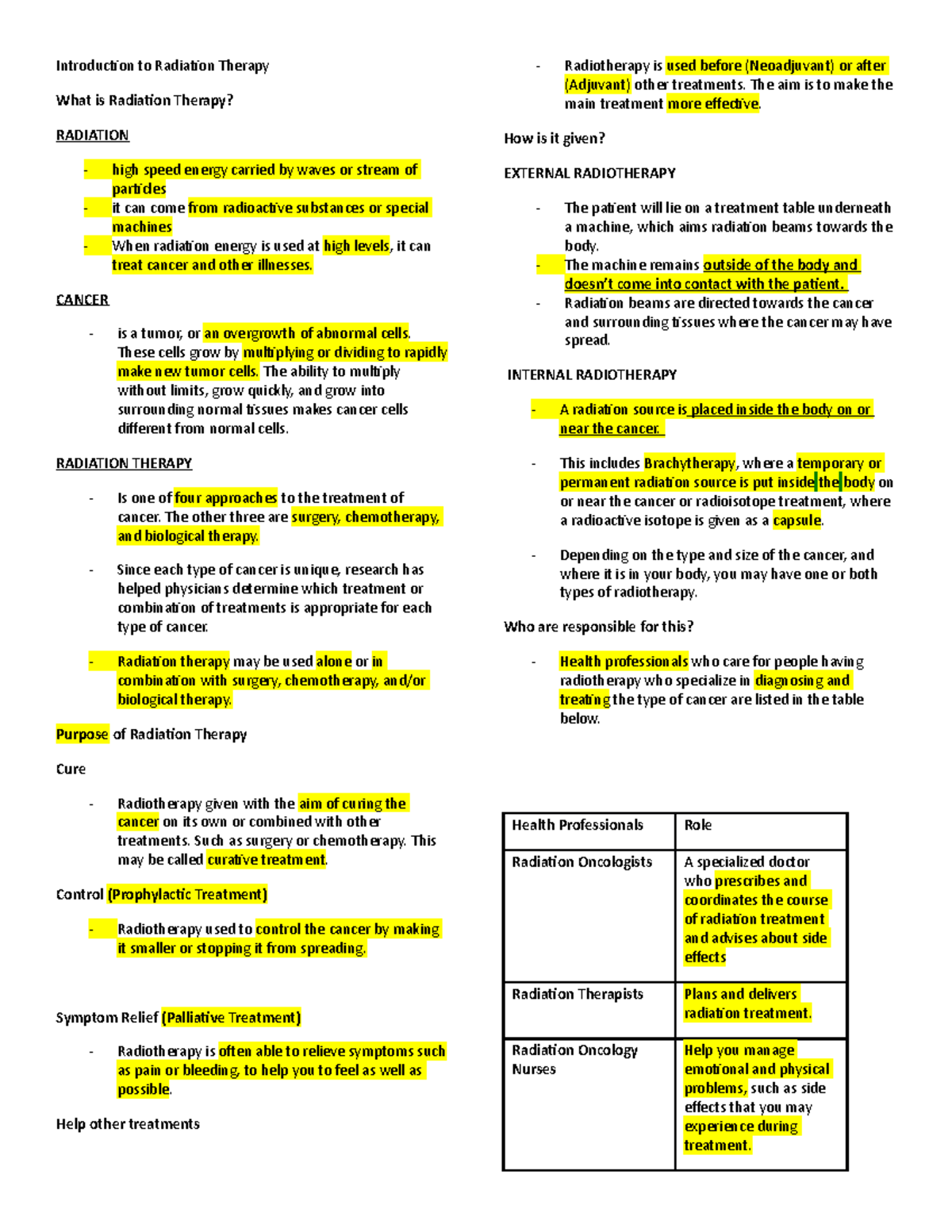Radiation Therapy Overview - Key Concepts and Treatment Methods - Studocu