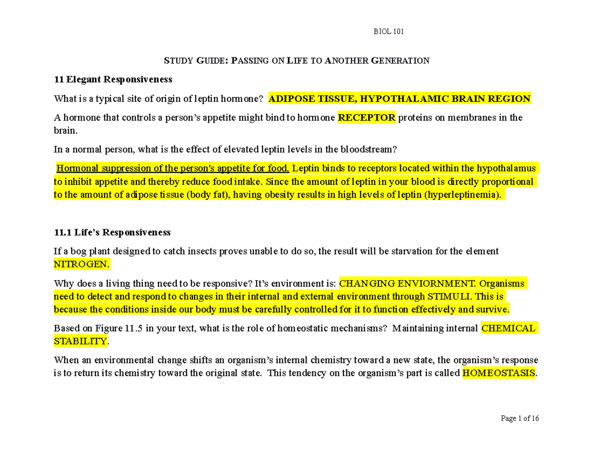 Study Guide: Passing on Life to Another Generation (BIO 101) - Studocu