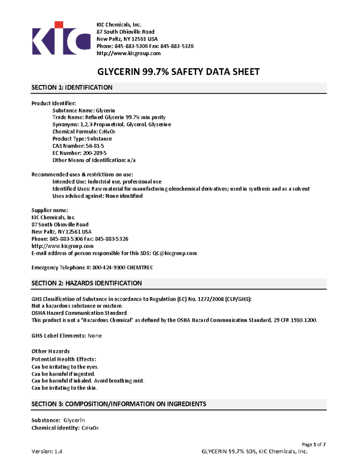 Glycerin MSDS - safety data sheet - Page 1 of 7 KIC Chemicals, Inc. 87 ...