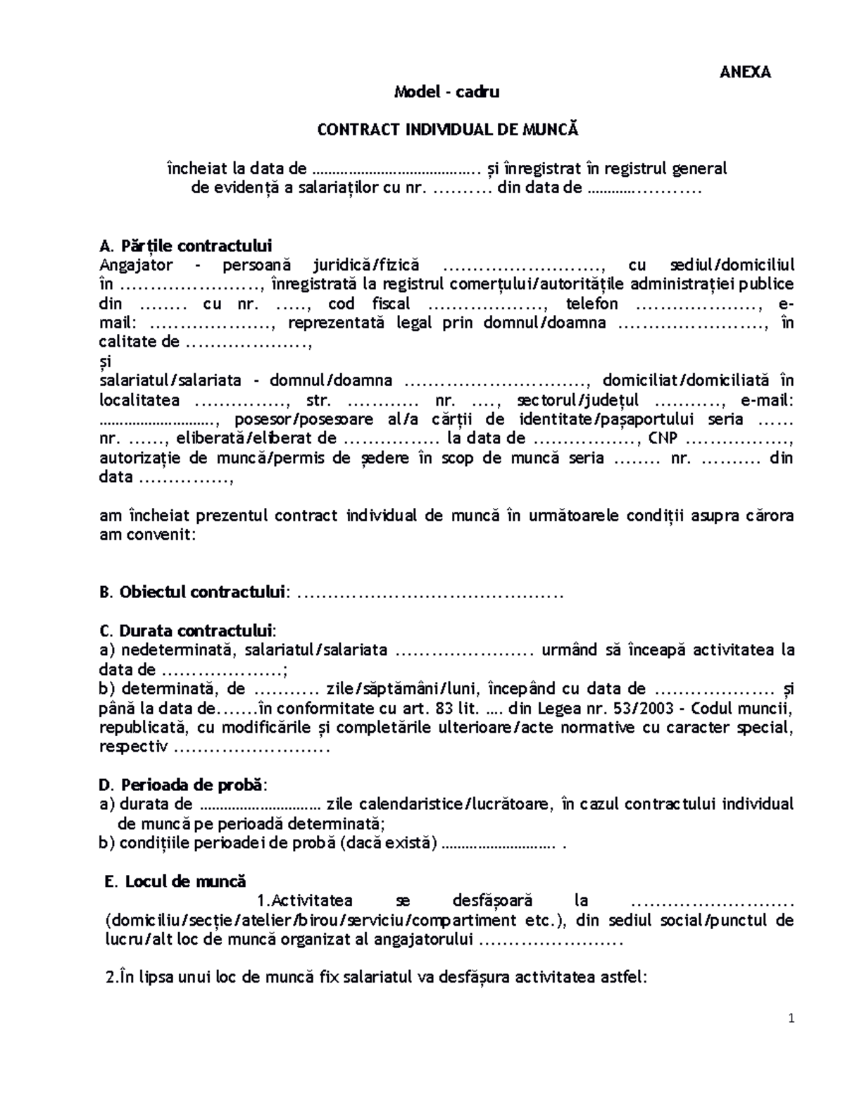 Model Cadru Contract Individual de Muncă - Anexa Editabilă - Studocu