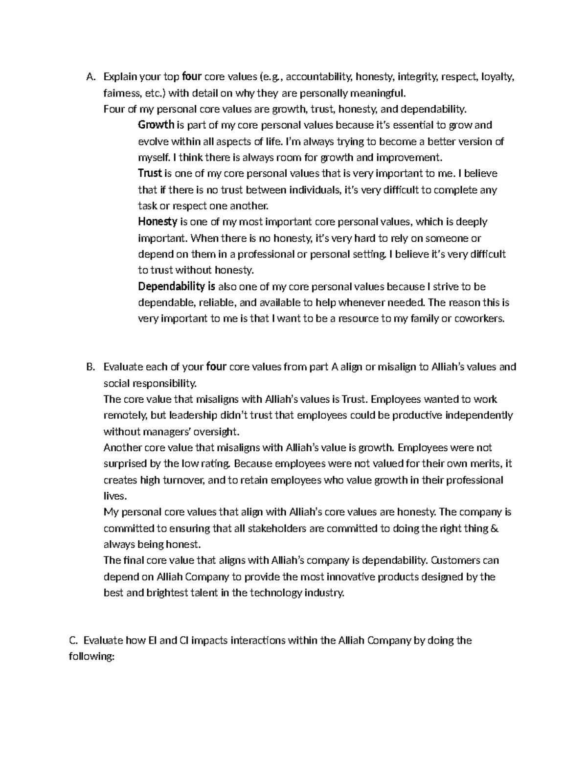 Core Values Reflection & Evaluation - Task 2 Notes - Studocu