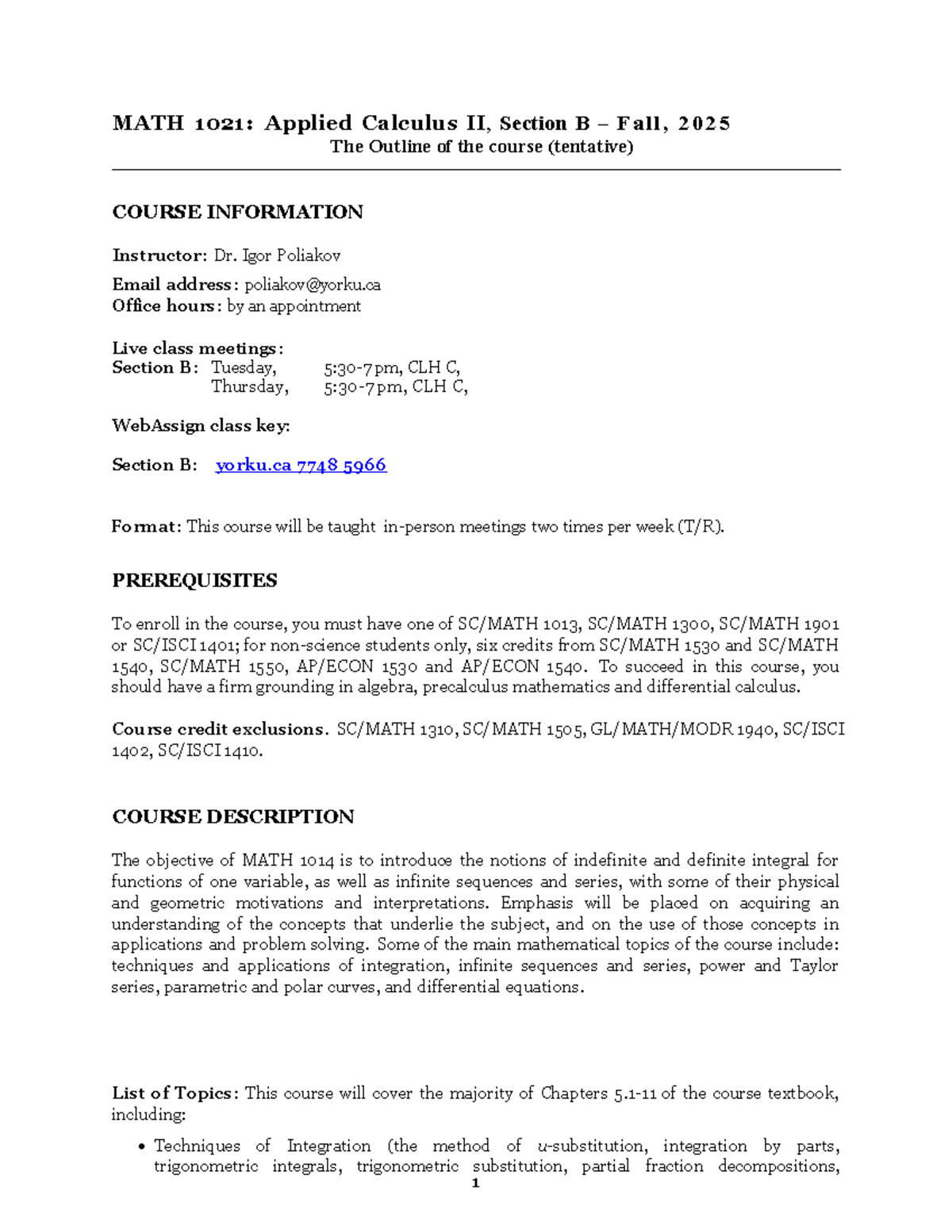 MATH 1014: Applied Calculus II Course Outline - Winter 2025 - Studocu
