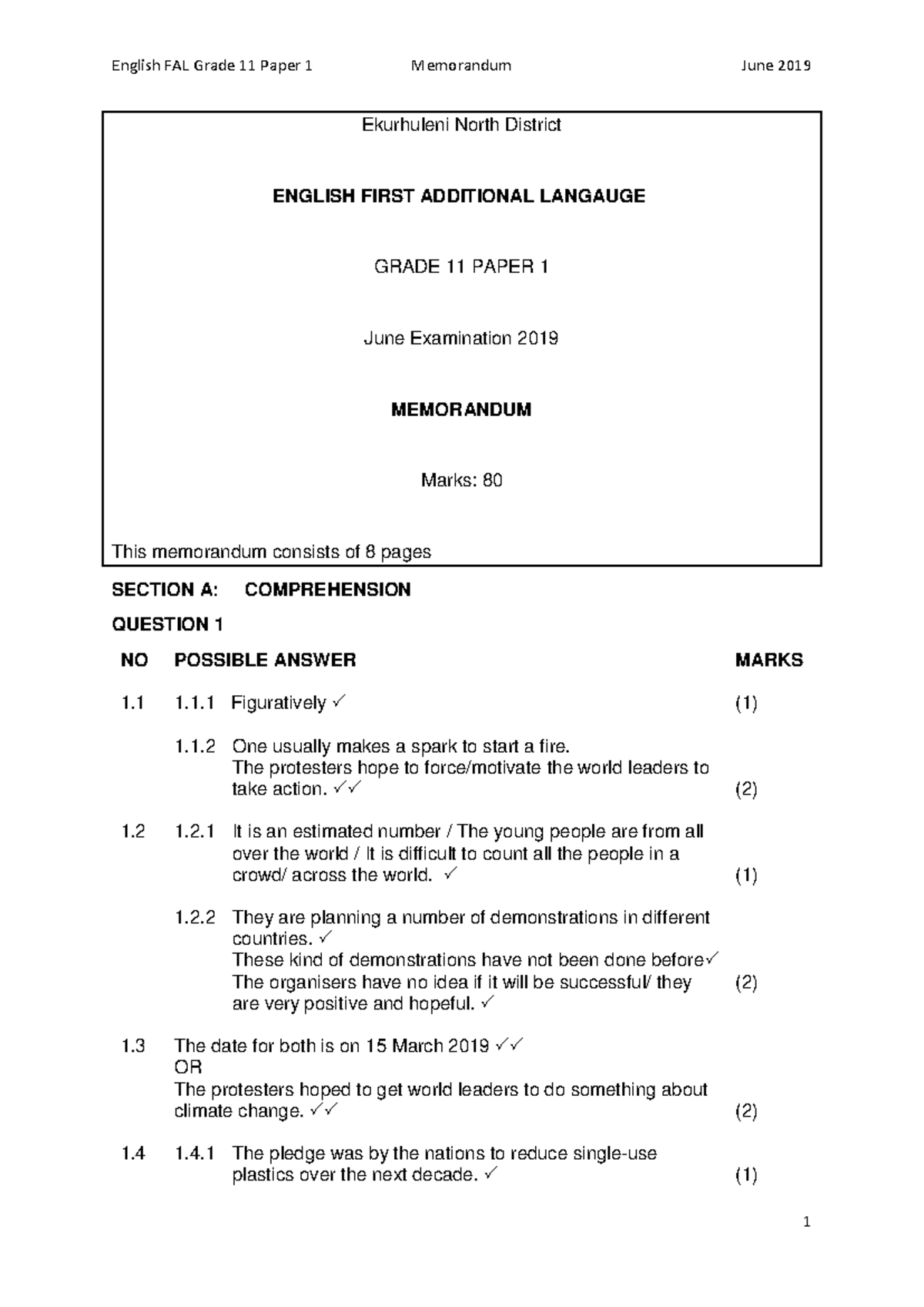 ENG FAL GR 11 June Exam Memo 2019 - Paper 1 Analysis and Solutions ...