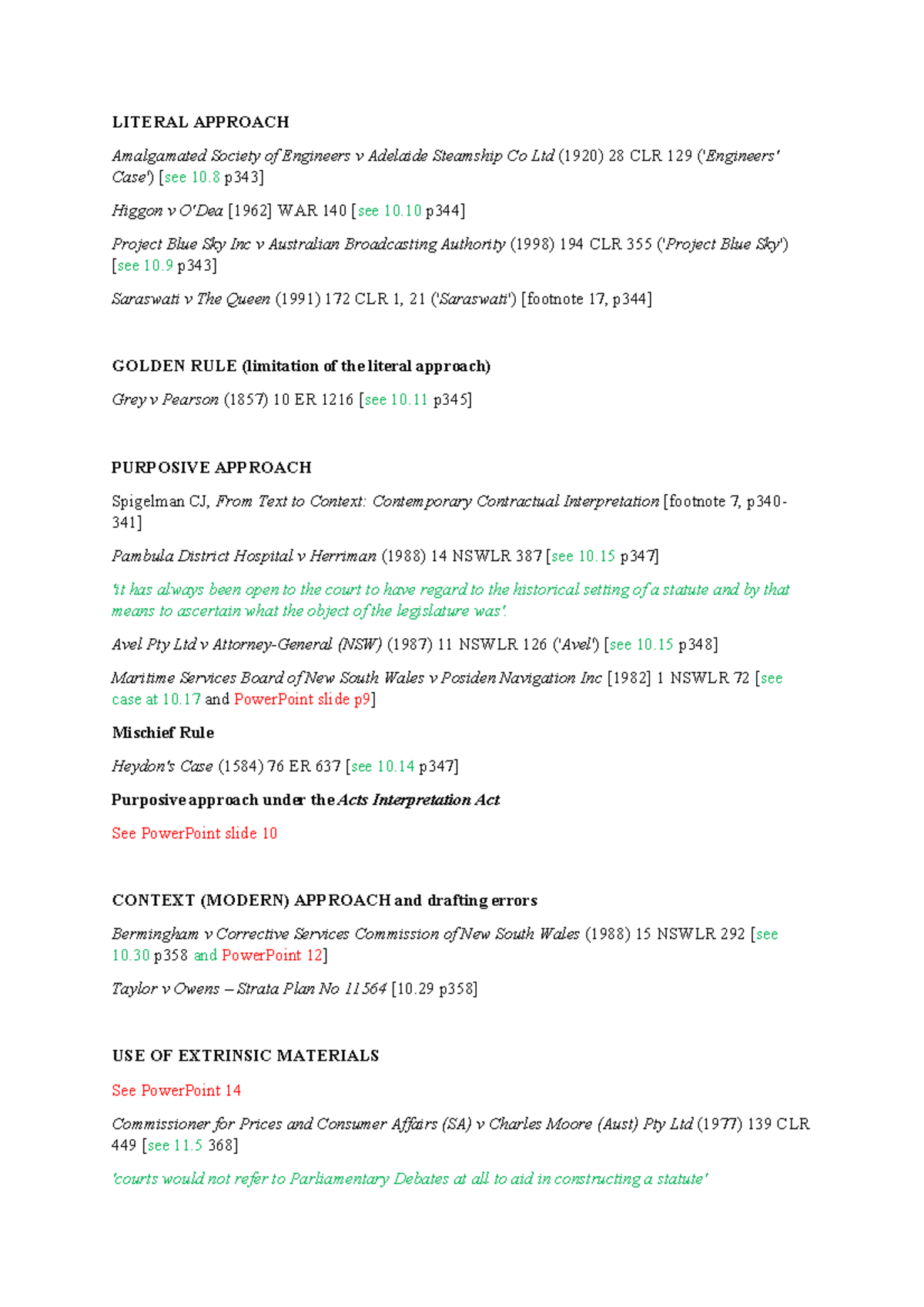 Legal Case Authorities for Exam Preparation Notes - LITERAL APPROACH ...