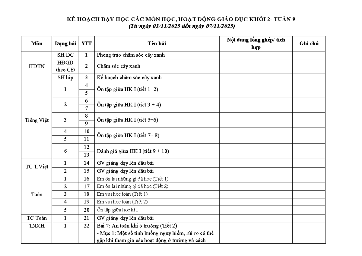 KHDH KHỐI 2 TUẦN 9: KẾ HOẠCH DẠY HỌC VÀ HOẠT ĐỘNG GIÁO DỤC - Studocu