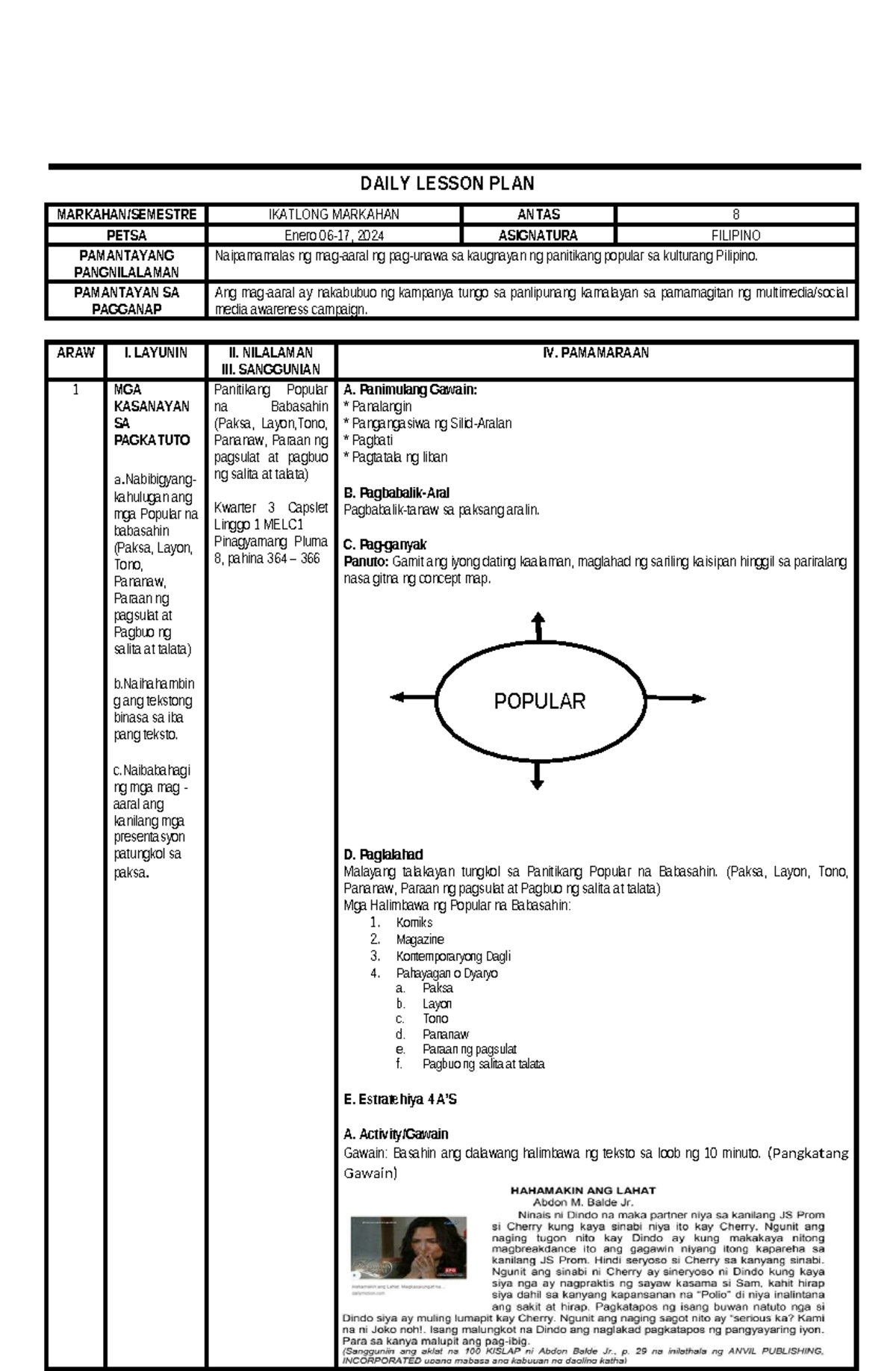 DAILY LESSON PLAN (DLP) WEEK 1 GRADE 8 FILIPINO - IKATLONG MARKAHAN ...