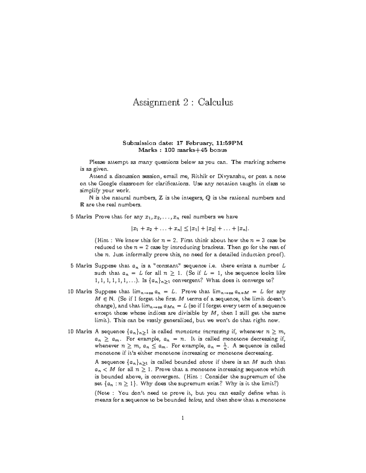 Assignment 2 calculus - Assignment 2 : Calculus Submission date: 17 ...