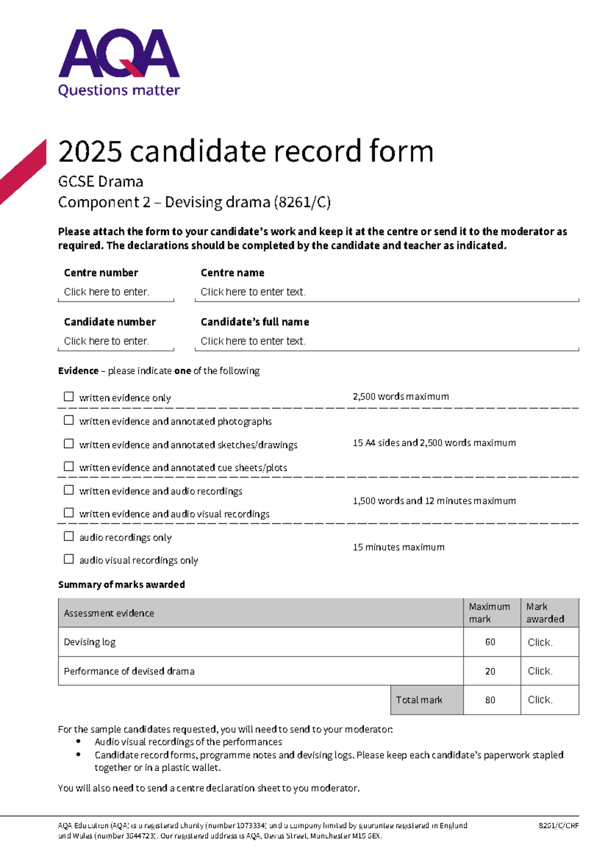AQA 8261/C Candidate Record Form for Devising Drama Assessment - Studocu