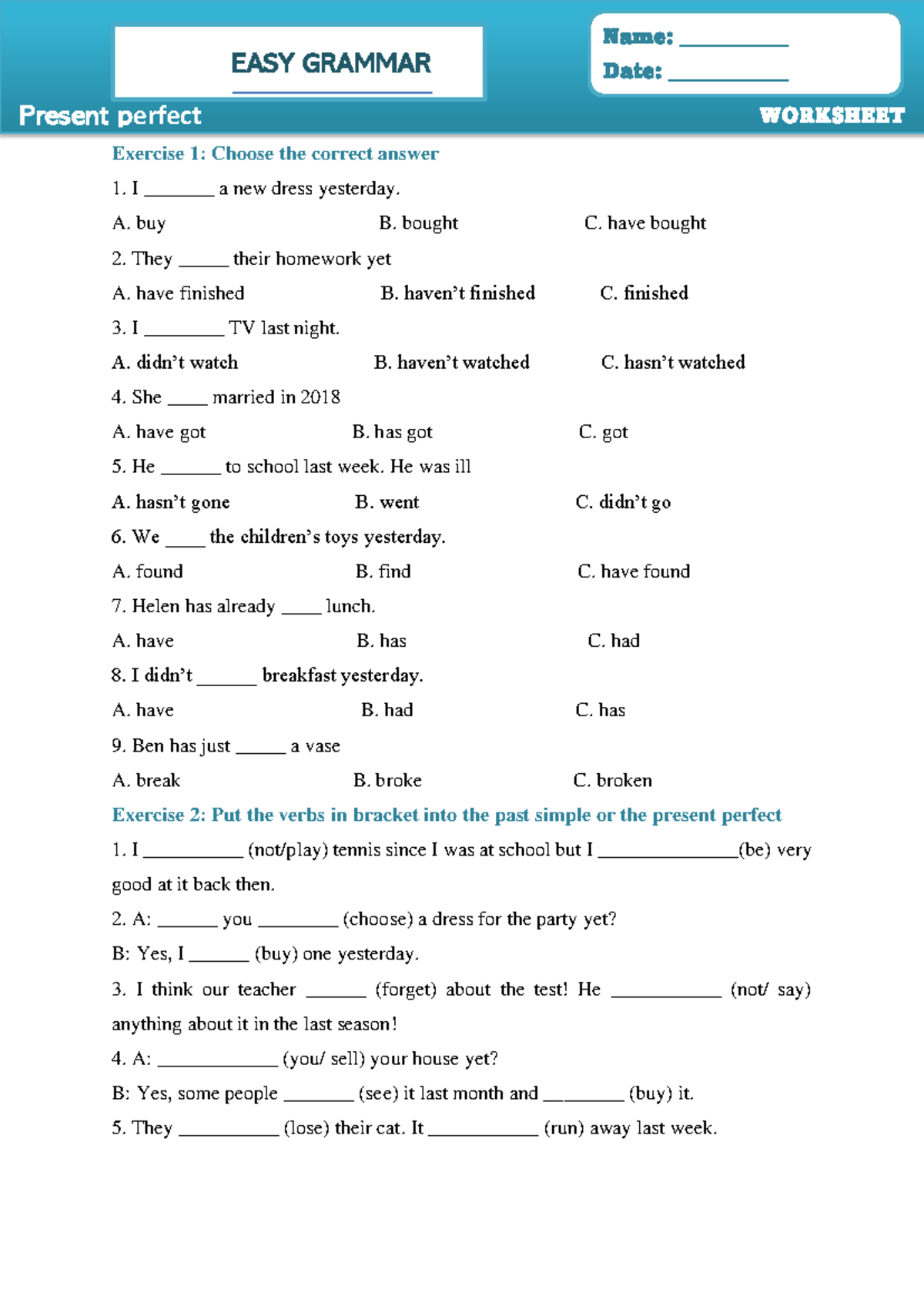 Present Perfect - Worksheet 3 (Grammar Exercise) - Studocu
