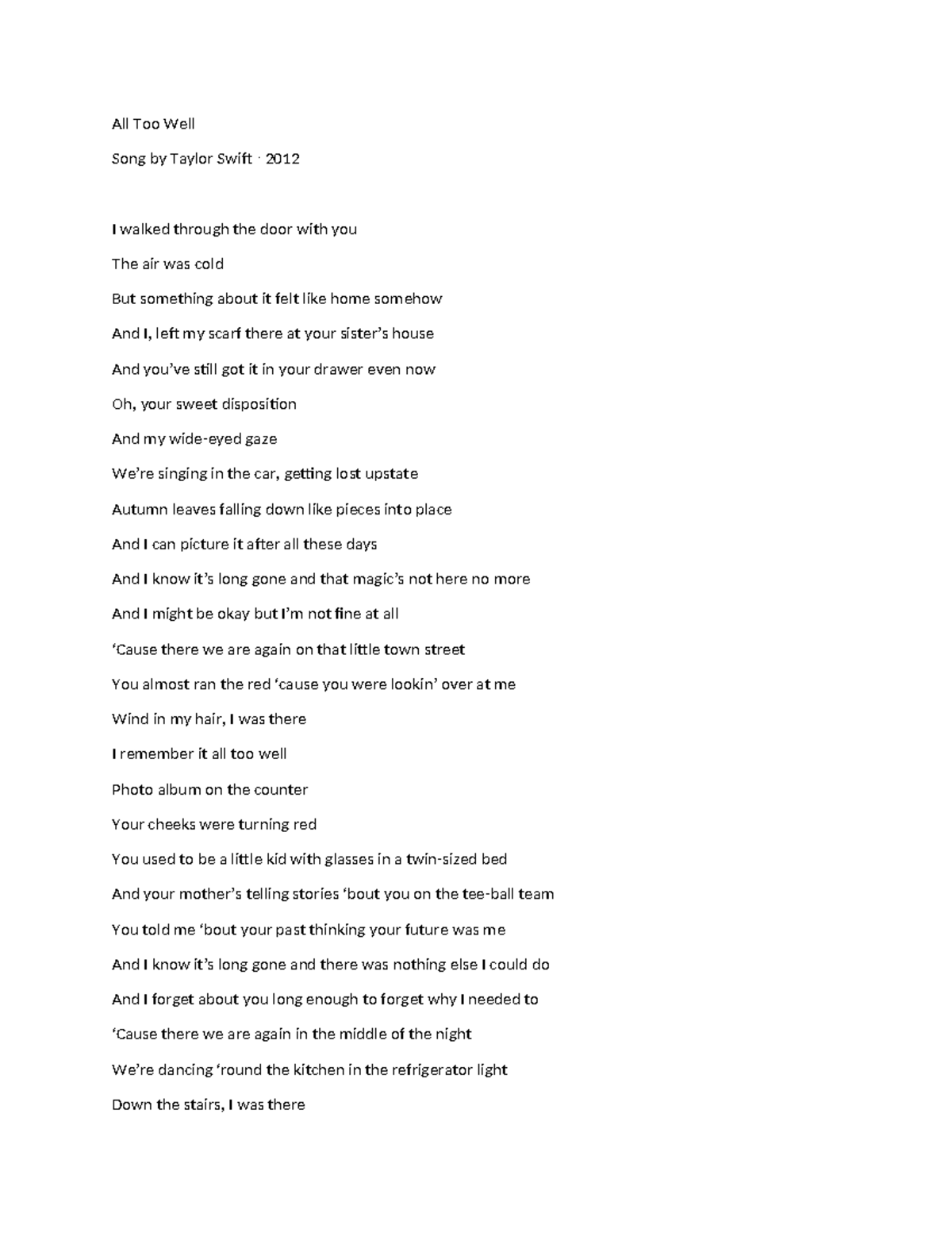 All Too Well - Song Lyrics Analysis (Taylor Swift, 2012) - Studocu