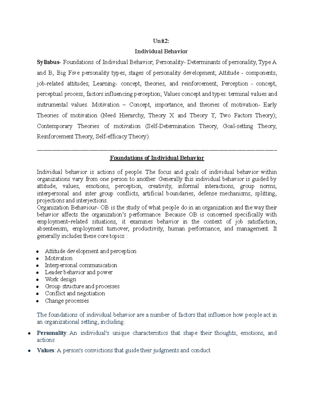 Unit 2: Foundations of Individual Behavior & Personality Theories - Studocu