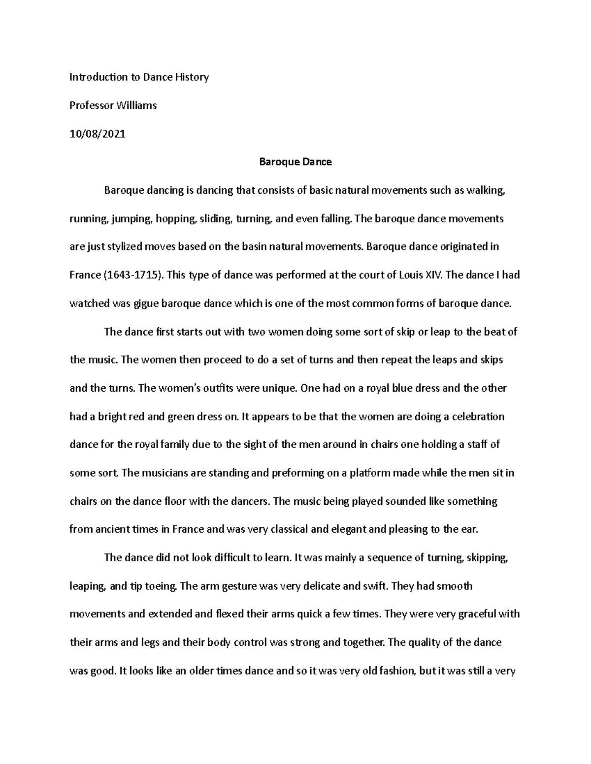 Assignment 6 - Introduction to Dance History Professor Williams 10/08 ...