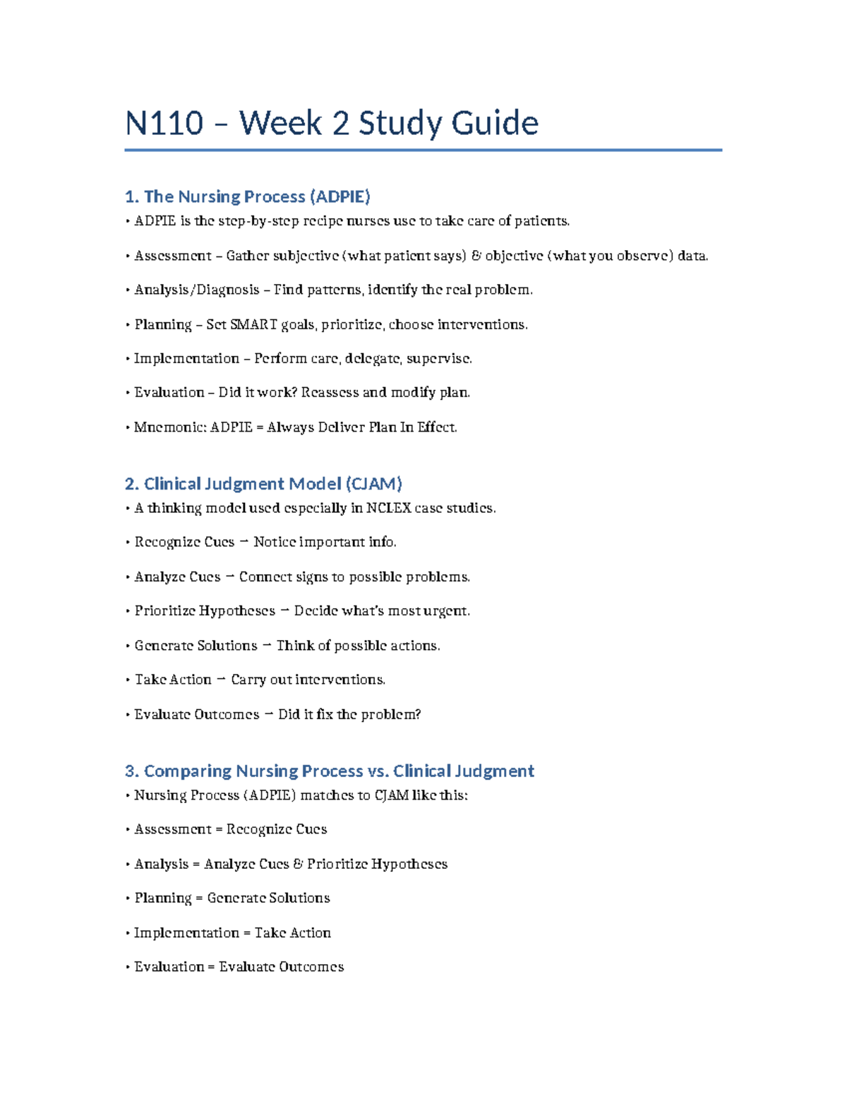 N110 Week 2 Study Guide: Nursing Process & Clinical Judgment - Studocu