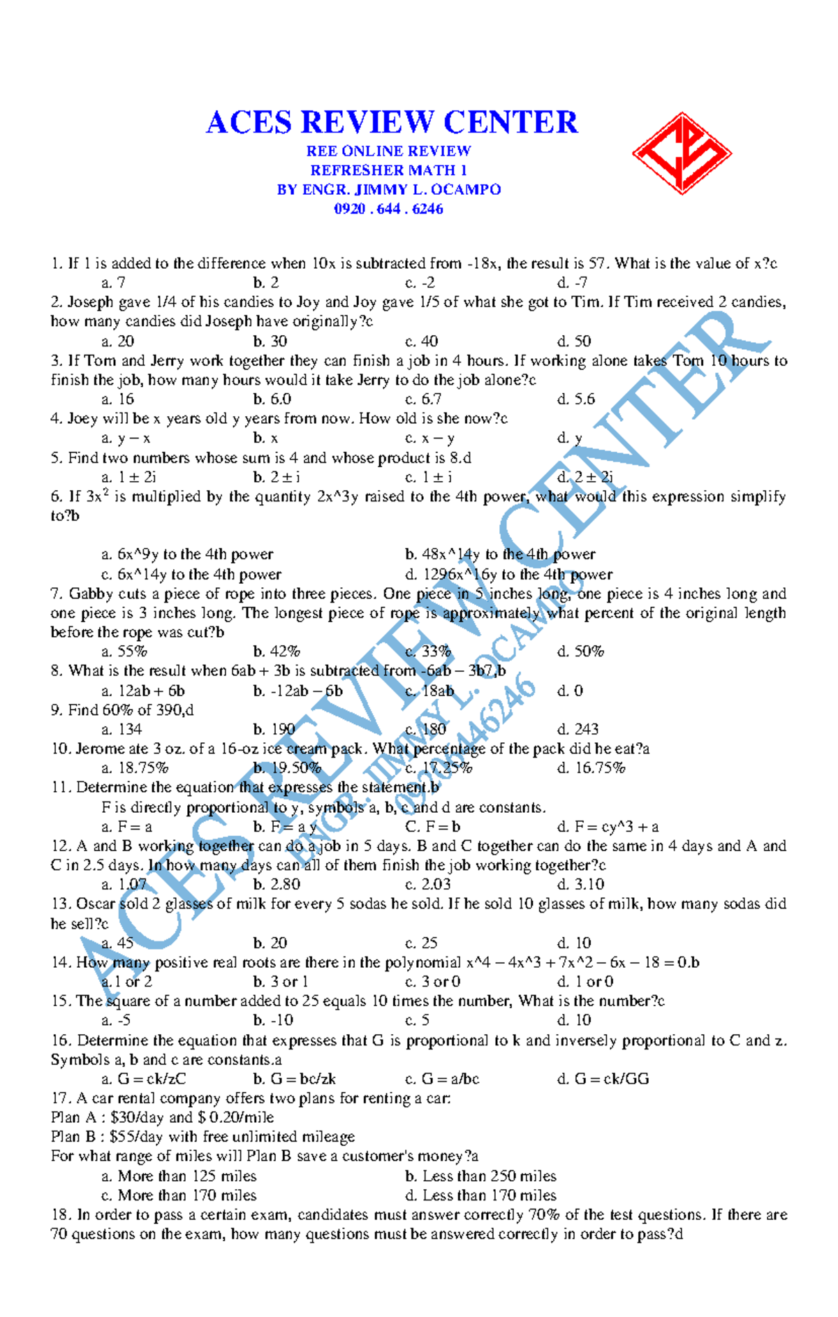 Refresher MATH 1 Algebra Practice Questions with Answers - Studocu