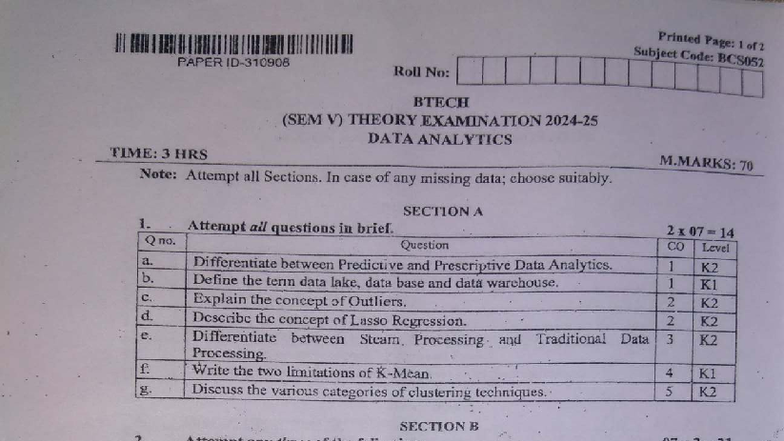BTECH (SEM V) THEORY EXAMINATION: MACHINE LEARNING TECHNIQUES ...