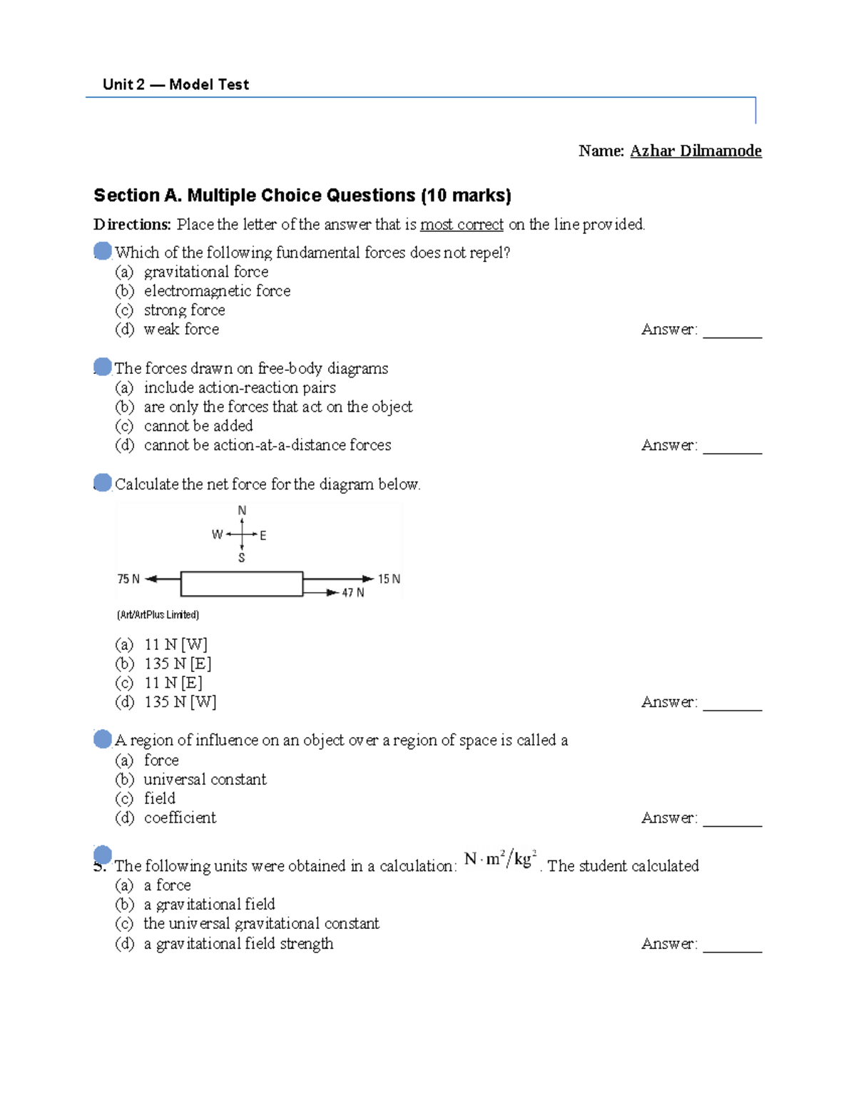 Unit 2 Model Test for SPH3U: Physics Fundamental Forces & Motion - Studocu