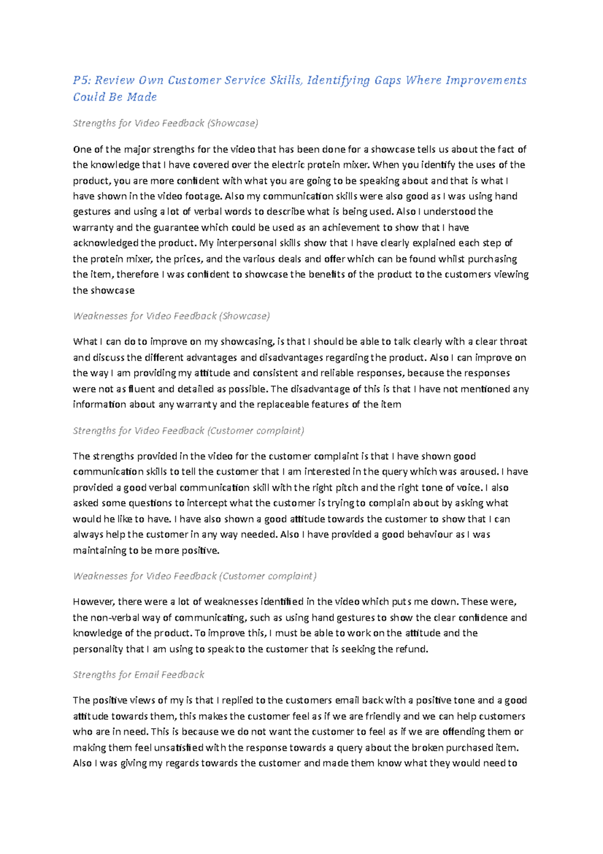 Unit 14 Investigating Customer Service - P5: Review Own Customer ...