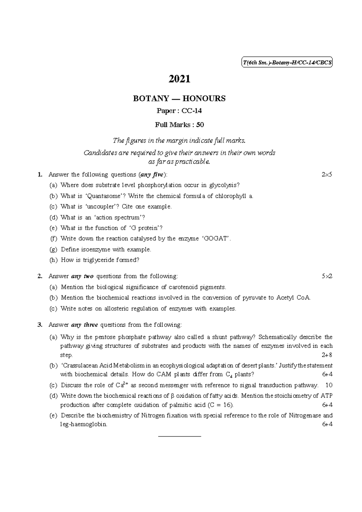 CU-2021 B - Botany Hons CC14 Previous Year Ques & Answers - Studocu