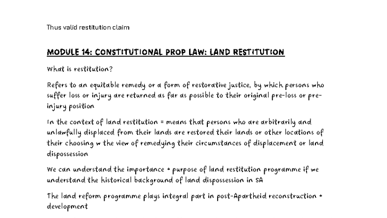 Module 14: Constitutional Property Law - Land Restitution Overview - Studocu