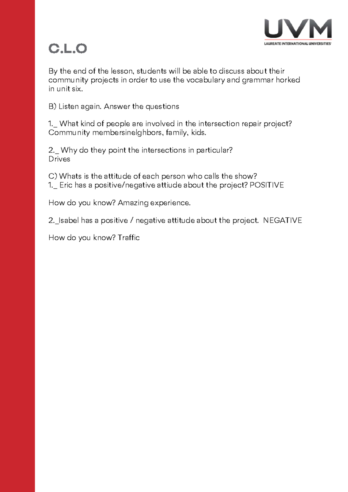 C.L.O. Community Projects Discussion - Unit 6 Activities in French ...