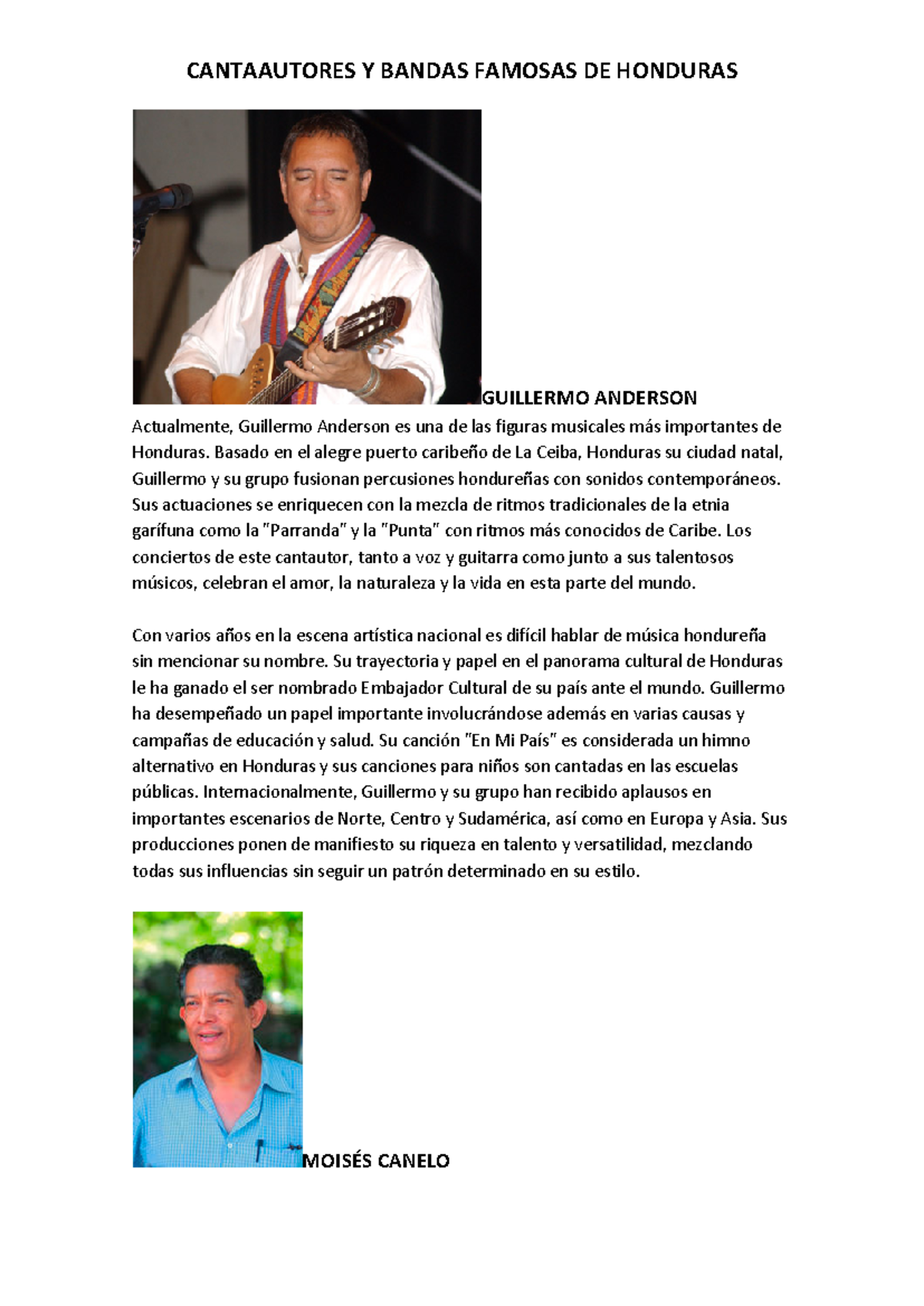 Cantaautores y bandas famosas de honduras - GUILLERMO ANDERSON ...