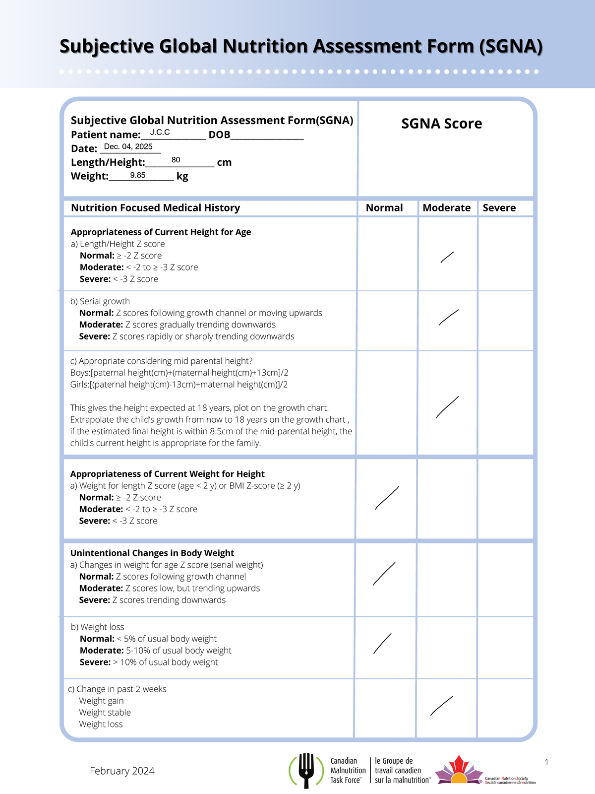 Subjective Global Nutrition Assessment (SGNA) Form - Patient Evaluation ...