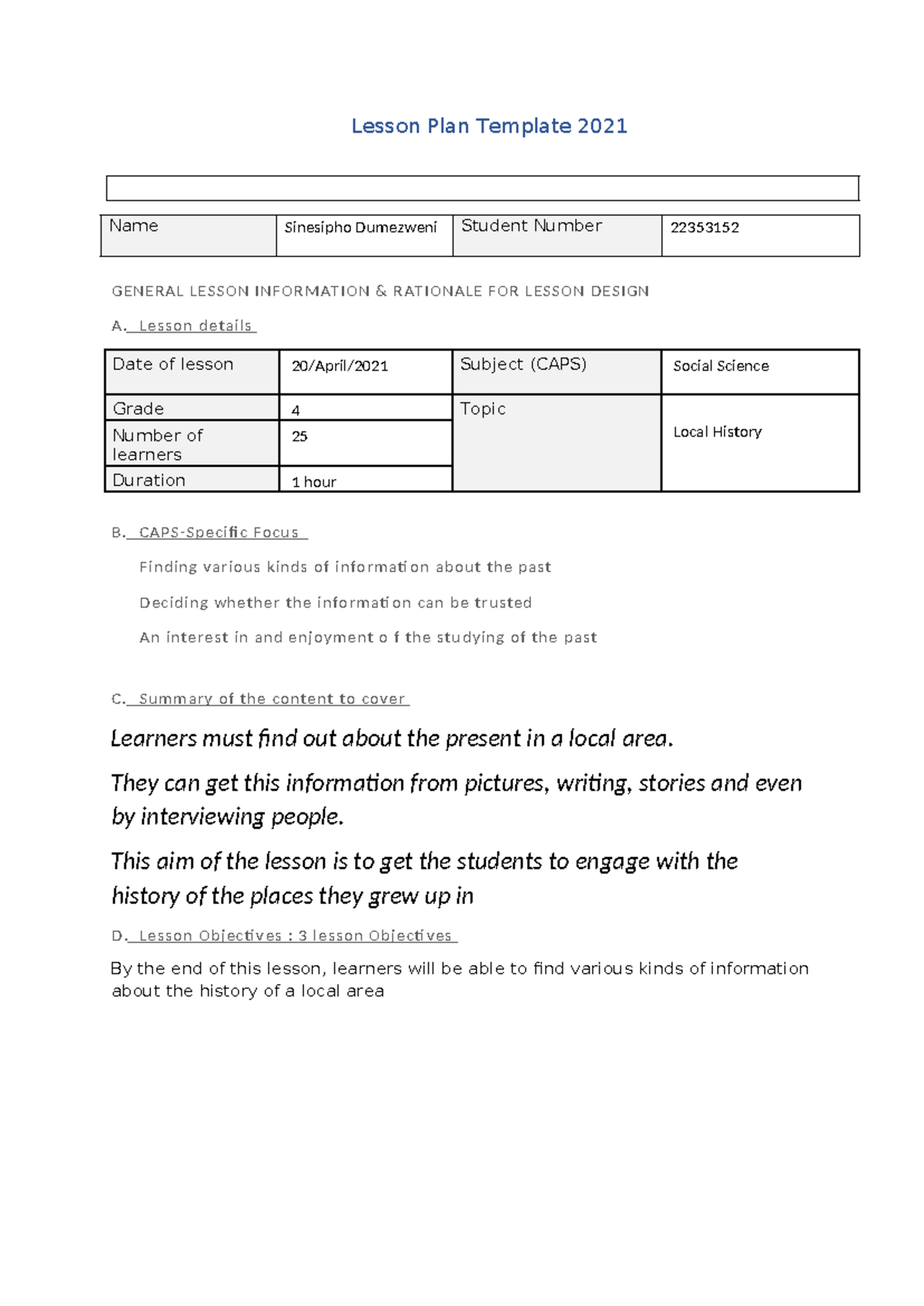 TISS5111 Lesson Plan Template for Grade 4 Social Science - Studocu
