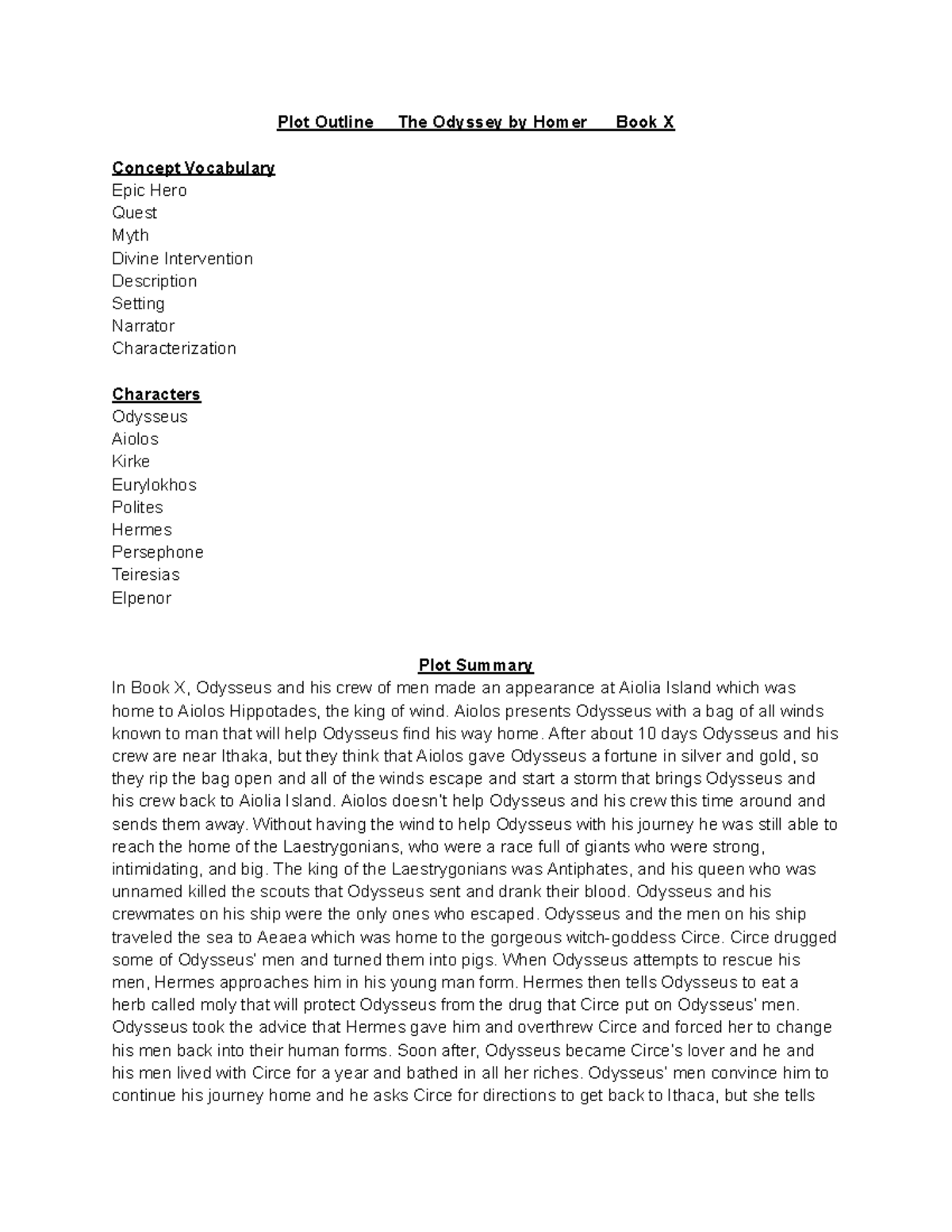 Plot outline of book 10 of The Odyssey by Homer. - Plot Outline The ...