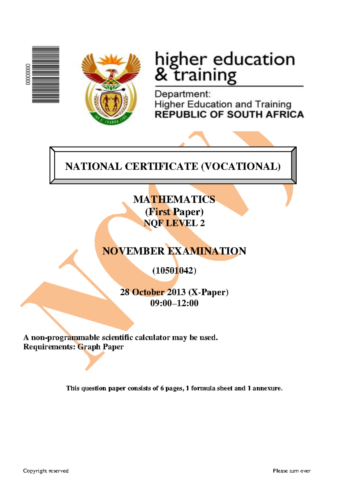 NATIONAL CERTIFICATE (VOCATIONAL) MATHEMATICS NQF LEVEL 2 NOV EXAM ...