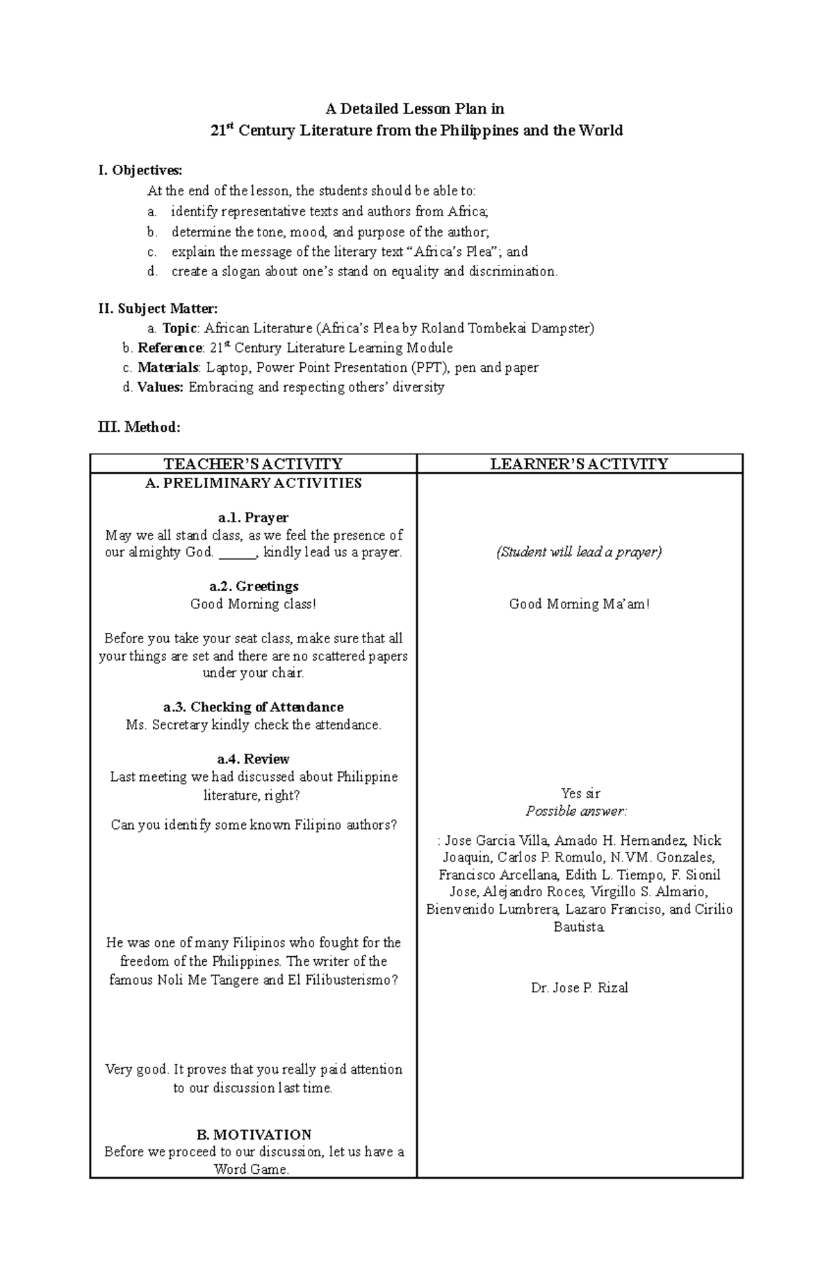 Detailed LP - Lesson Plan - A Detailed Lesson Plan in 21 st Century ...