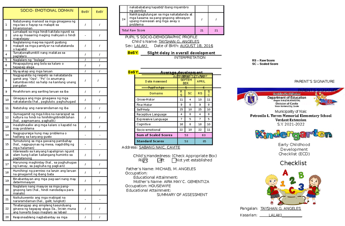 ECD Checklist Blank 1 - ASDFGH - SOCIO- EMOTIONAL DOMAIN BoSY EoSY 1 ...