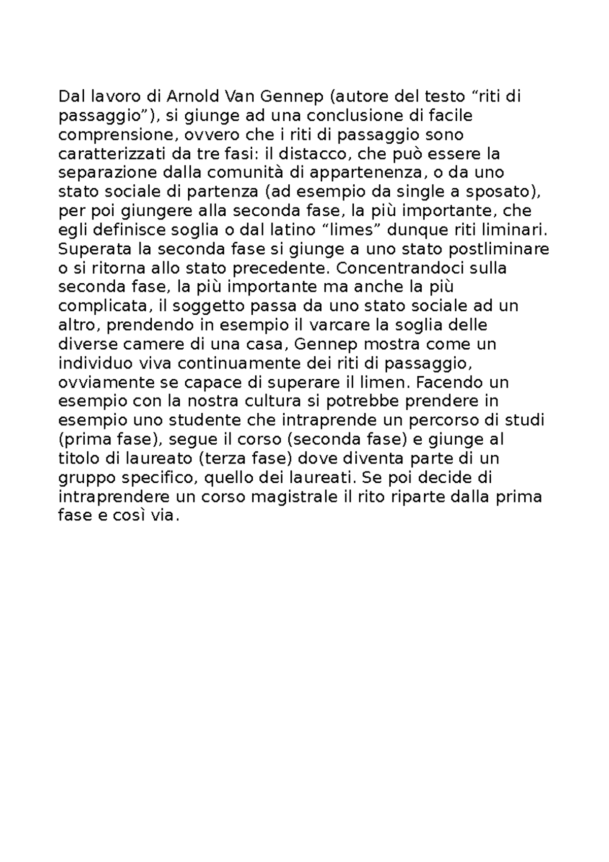 Riti di Passaggio: Sintesi della Lezione su Arnold Van Gennep - Studocu