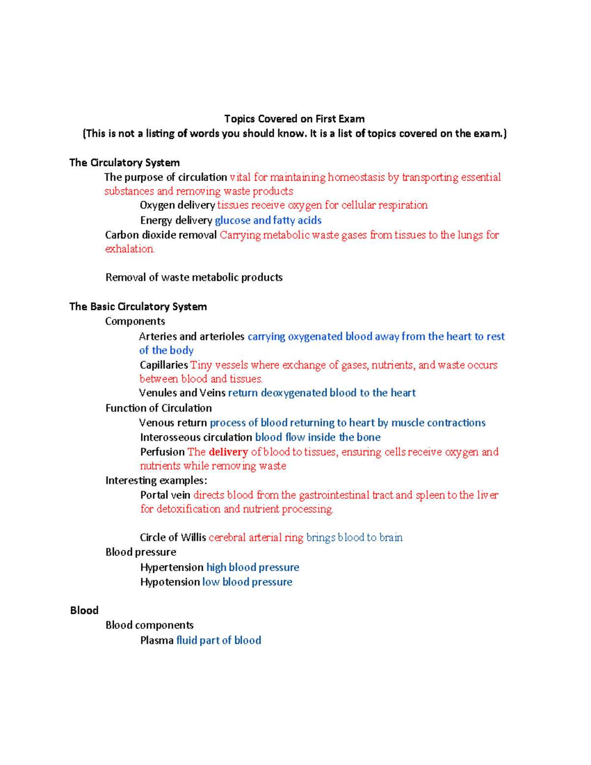 Circulatory and Immune System Overview: Topics for Exam (BIO101) - Studocu