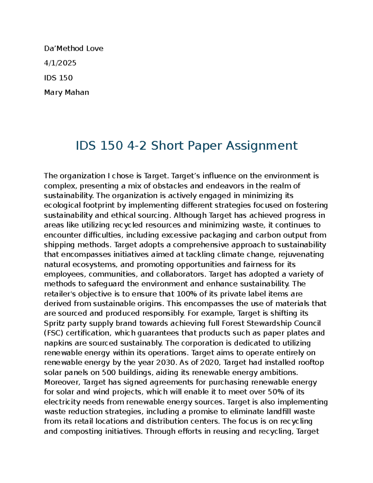 IDS 150 Short Paper: Target's Sustainability Strategies and Challenges ...