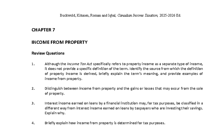 Canadian Income Taxation CH7: Income from Property Review Qs ...