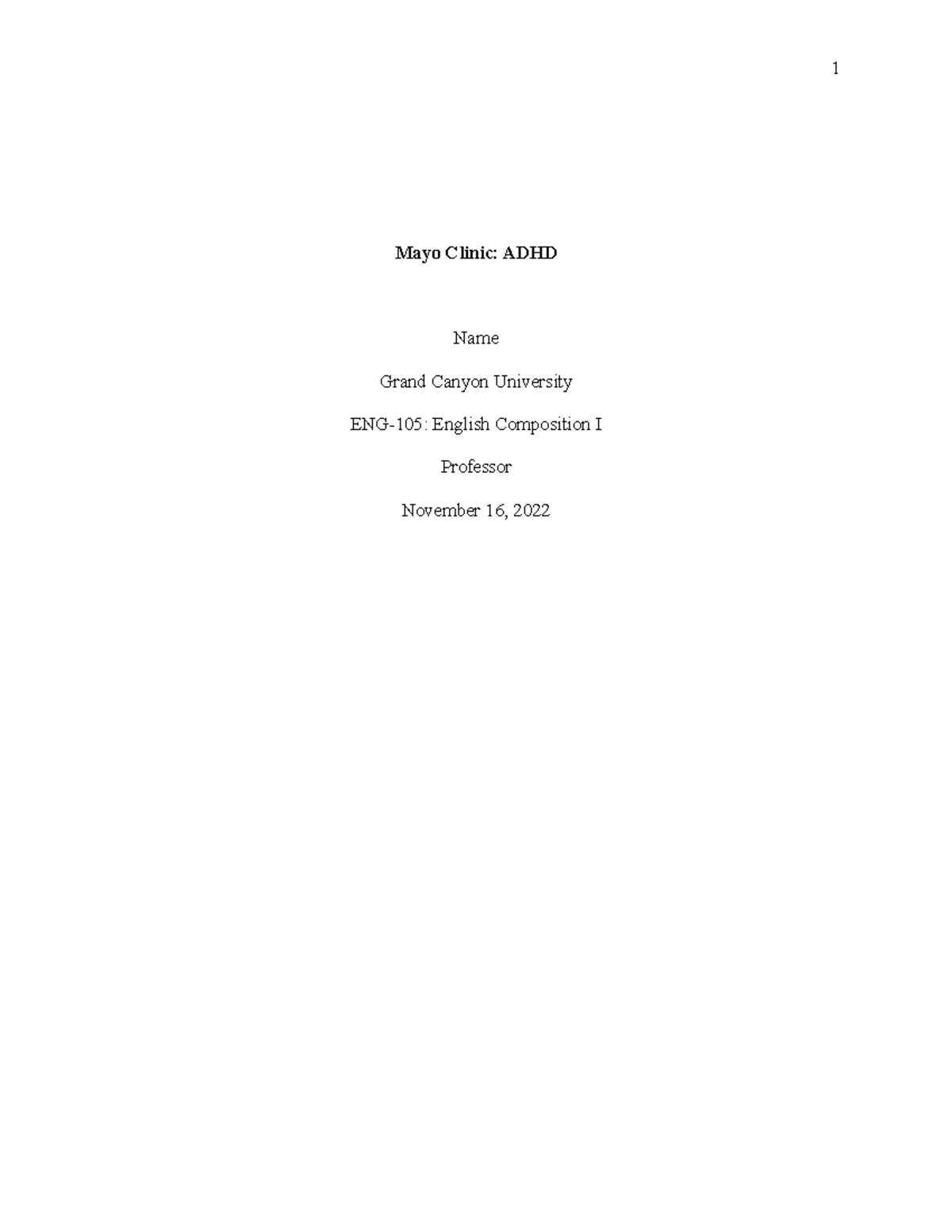 Final Draft of a Review Assignment - Mayo Clinic: ADHD Name Grand ...