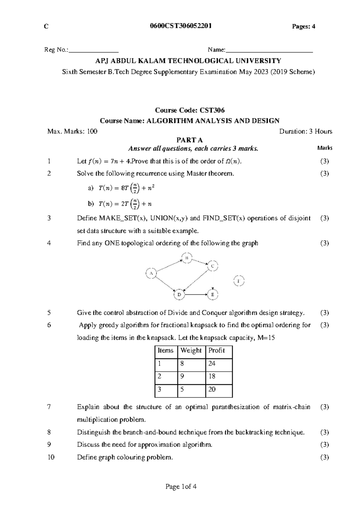CST306 Algorithm Analysis & Design - May 2023 Supplementary Exam - Studocu