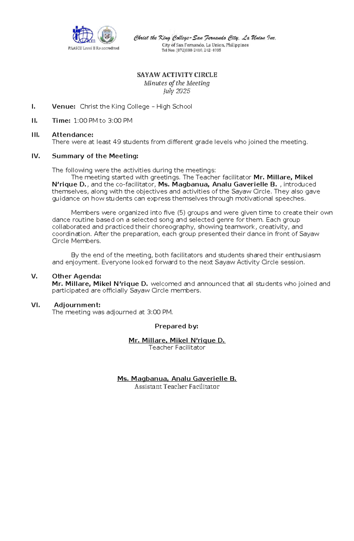 SAYAW ACTIVITY CIRCLE Meeting Minutes - July 2025 - Studocu