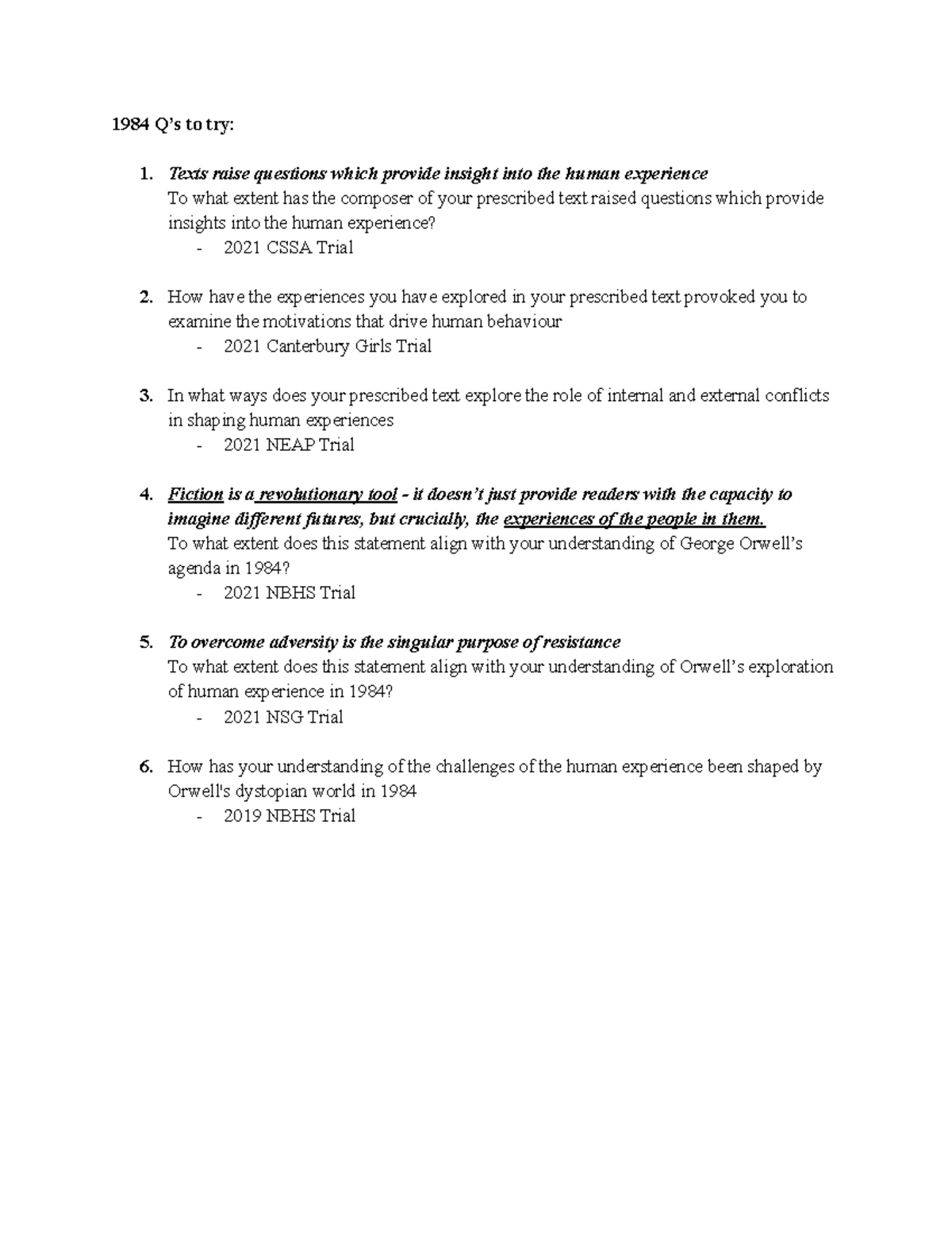 1984 Practice Questions for Analysis and Insight Evaluation - Studocu